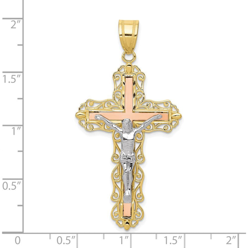 10K Tri-Color Gold Diamond-Cut Crucifix Pendant - 50mm Length by Oro P ...