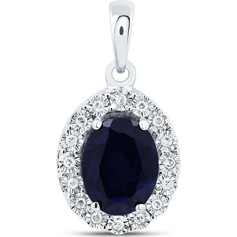10K White Gold Oval Lab Grown Blue Sapphire Pendant with Diamond Halo ...