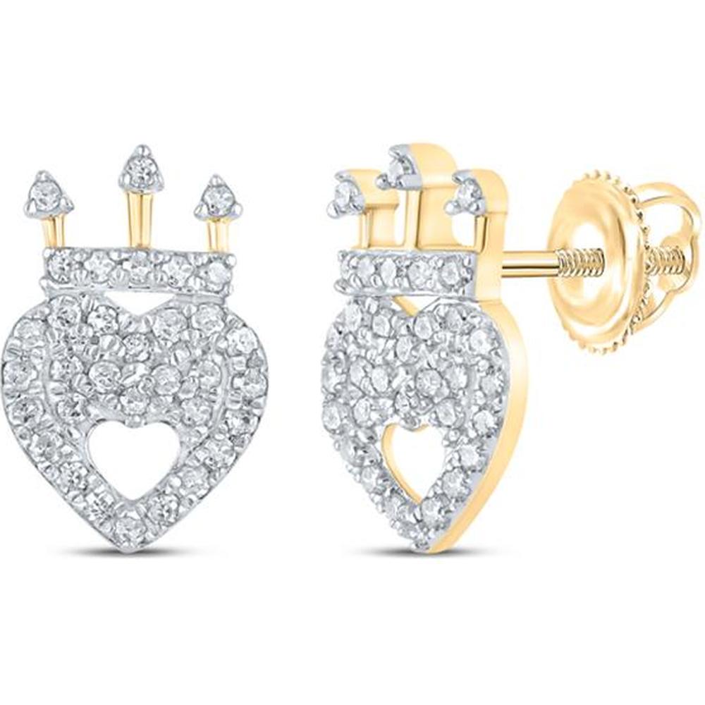 10K Yellow Gold Crown Heart Stud Earrings with Prong and Pave Set Roun ...