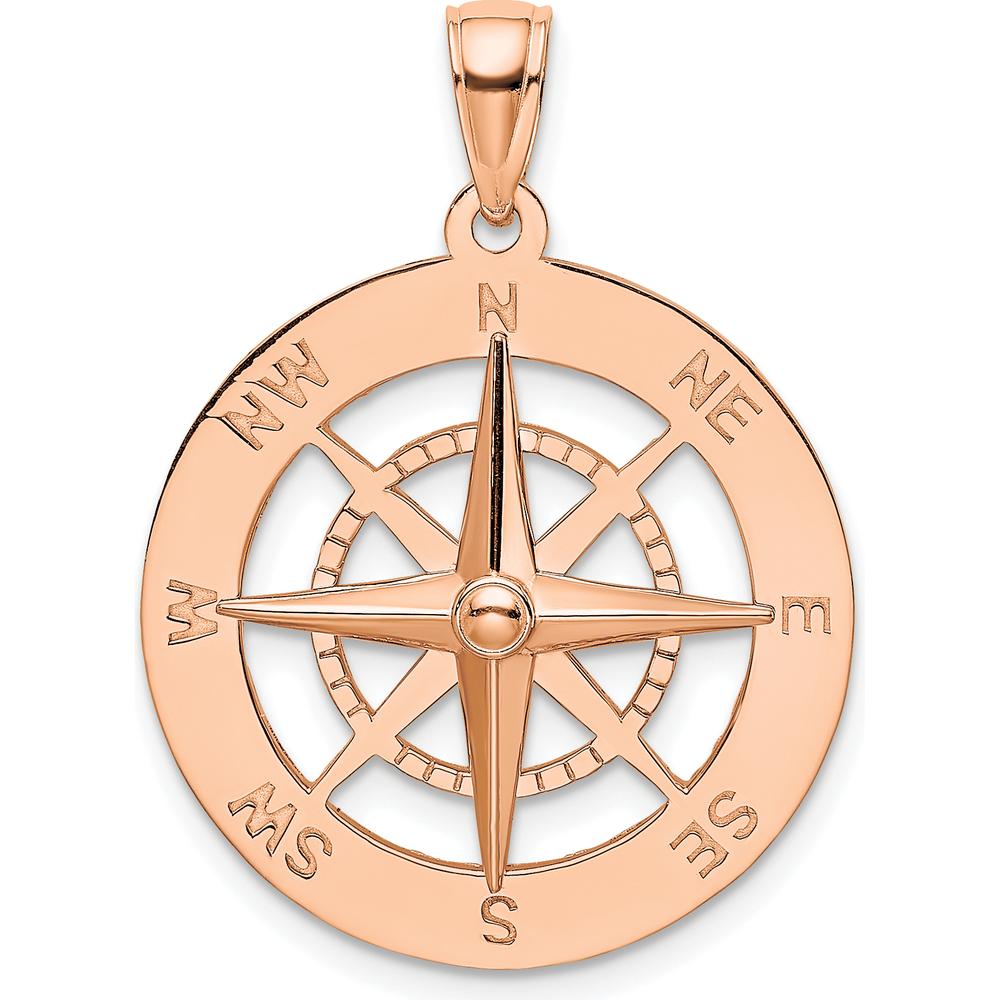 14K Rose Gold Nautical Compass Pendant with Polished Compass Rose Desi ...