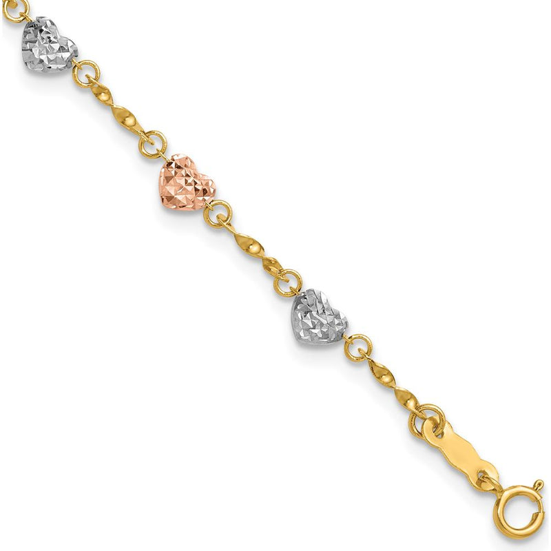 14K Tri-Color Gold Diamond-Cut Puff Heart Bracelet with Spring Ring Cl ...