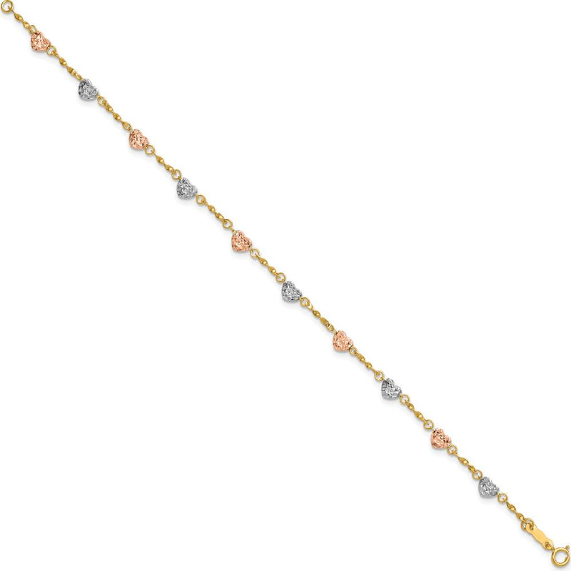 14K Tri-Color Gold Diamond-Cut Puff Heart Bracelet with Spring Ring Cl ...