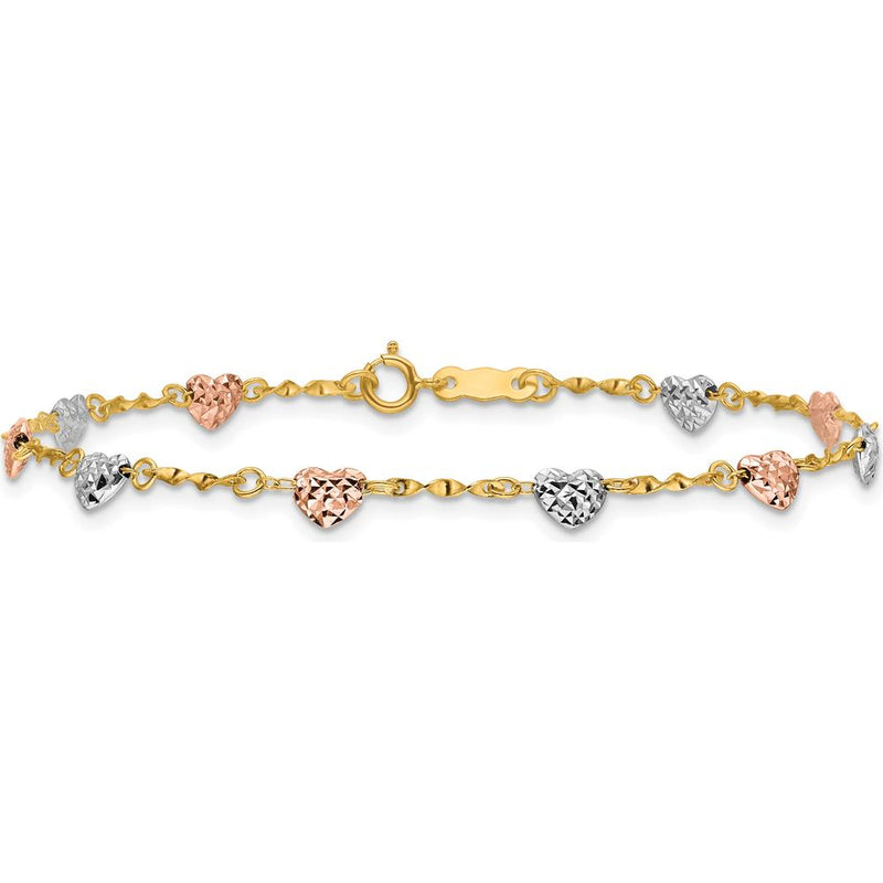 14K Tri-Color Gold Diamond-Cut Puff Heart Bracelet with Spring Ring Cl ...