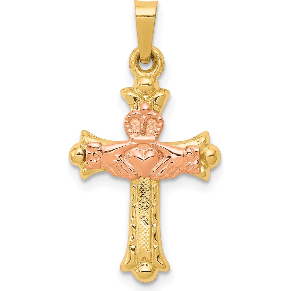 14K Two-Tone Gold Claddagh Cross Pendant - Symbol of Love, Loyalty, an ...
