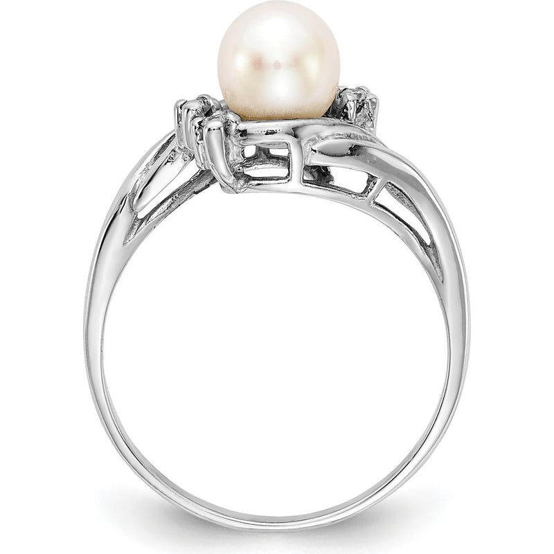 14K White Gold 6mm Freshwater Cultured Pearl and Diamond Ring with 4 R ...