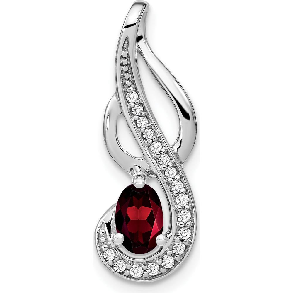 14K White Gold 6x4mm Oval Garnet and Diamond Swirl Chain Slide Pendant ...