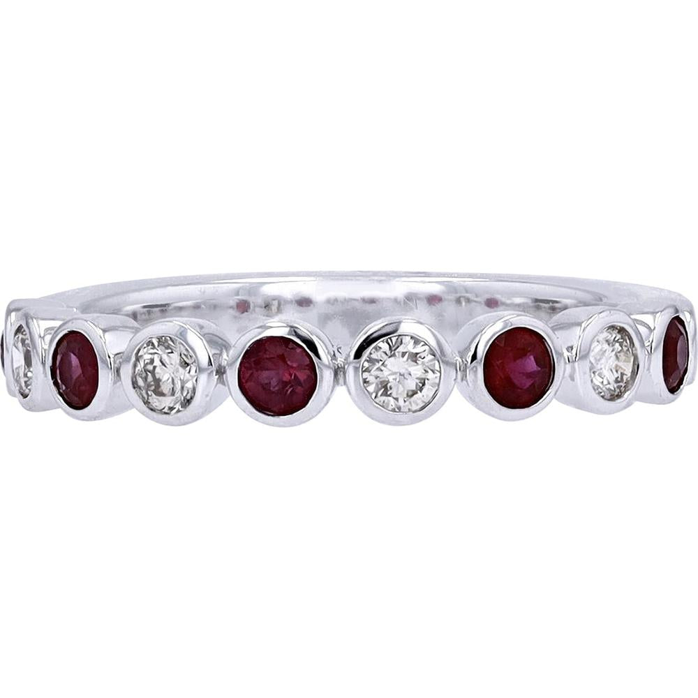 14K White Gold Bezel Set Band with Alternating Round Diamonds and Rubi ...