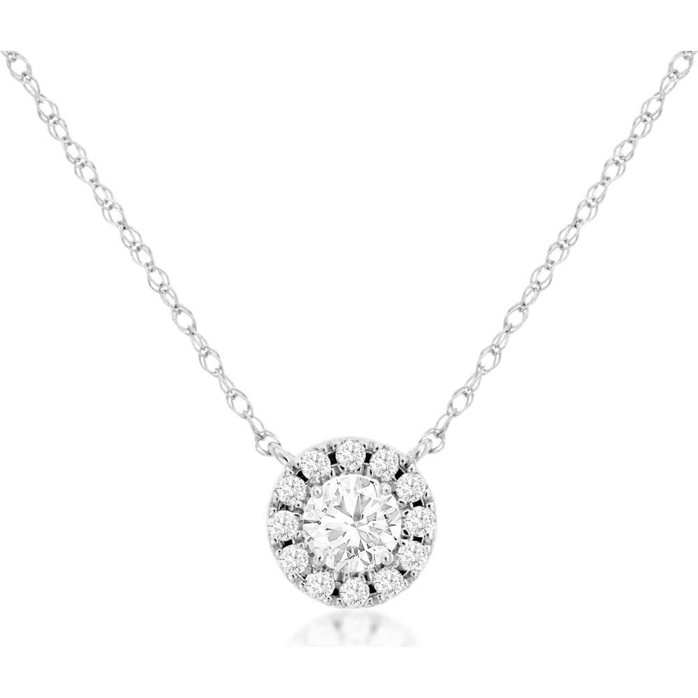 14K White Gold Diamond Halo Necklace - 0.37 Carats Total Diamond Weigh ...