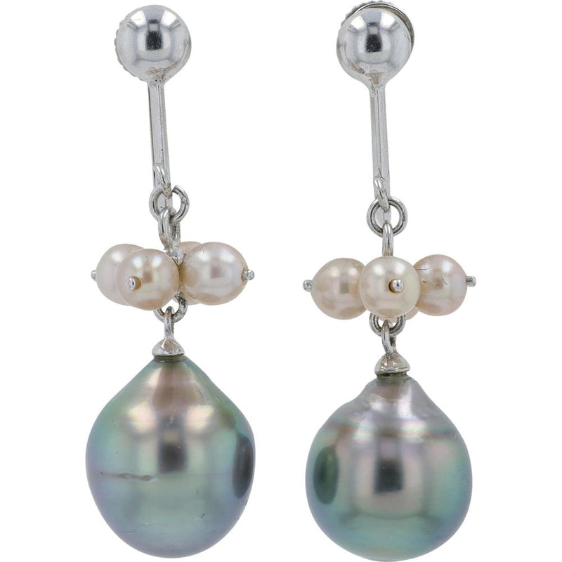 14K White Gold Drop Earrings with 8.4mm Tahitian Pearls and 3.2mm Whit ...