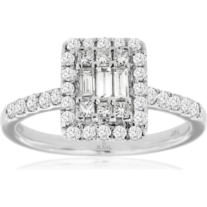 14K White Gold Halo Diamond Ring with Baguette and Round Brilliant Dia ...