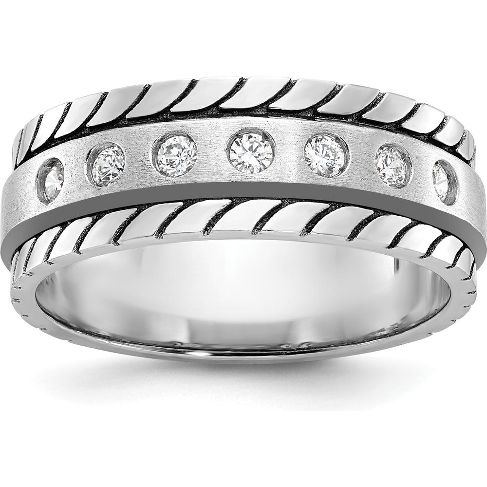 14K White Gold Men's Polished and Satin Diamond Band with 7 Round Diam ...