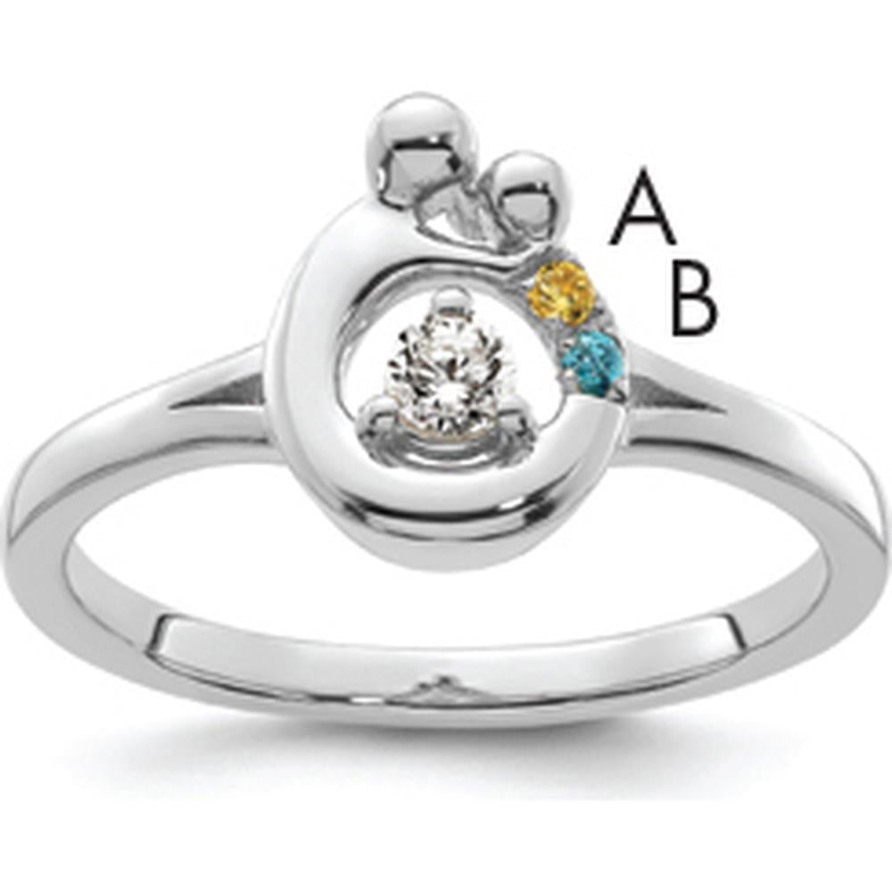 14K White Gold Mother/Child Ring with Round Diamond and Two Birthstone ...