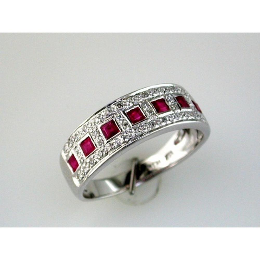 14K White Gold Ruby & Diamond Band with Princess Cut Rubies & Round Di ...