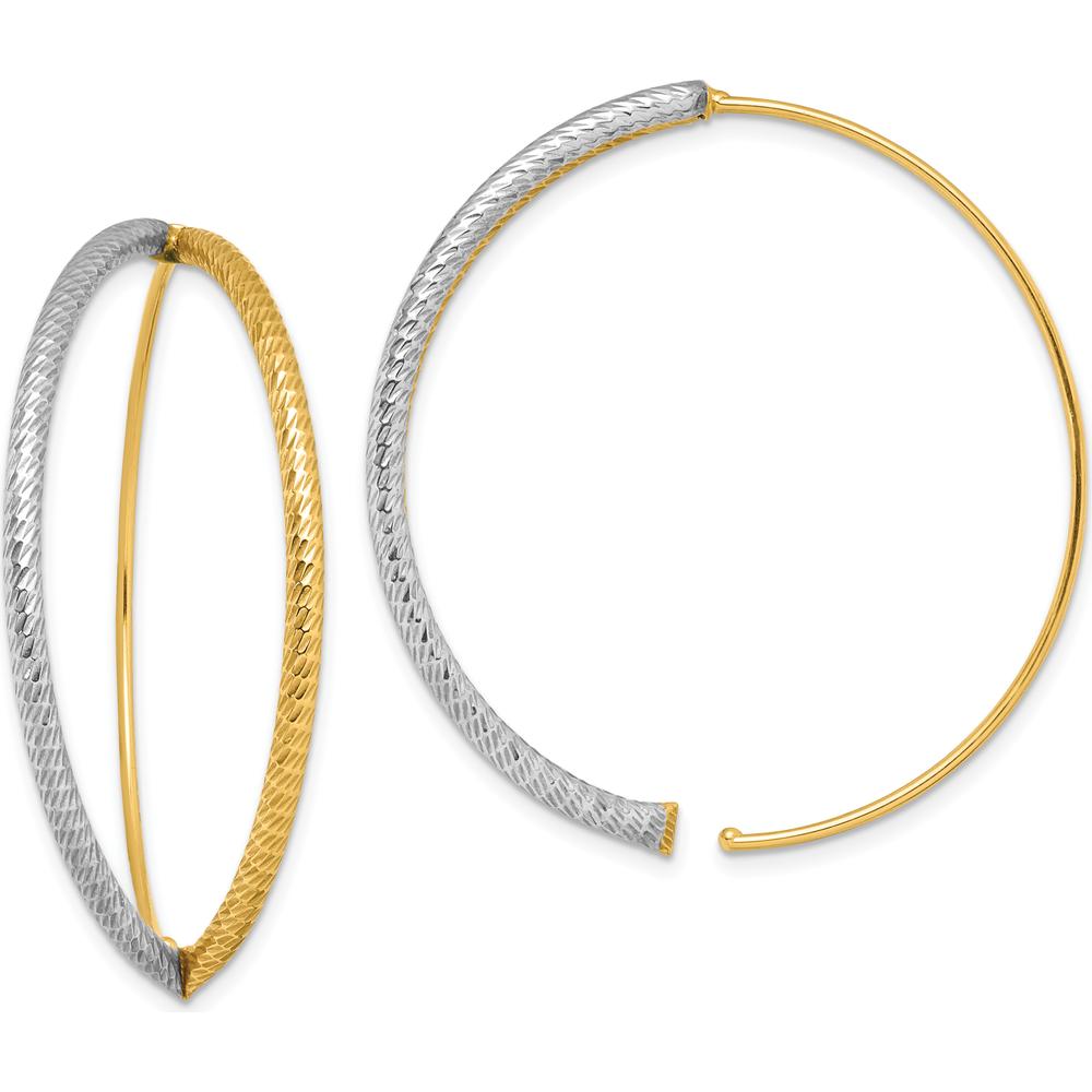 14K Yellow and White Gold Large Diamond-Cut Two-Tone Threader Hoop Ear ...