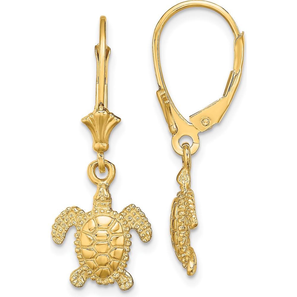 14K Yellow Gold 3D Polished Sea Turtle Leverback Earrings by Oro Pregi ...