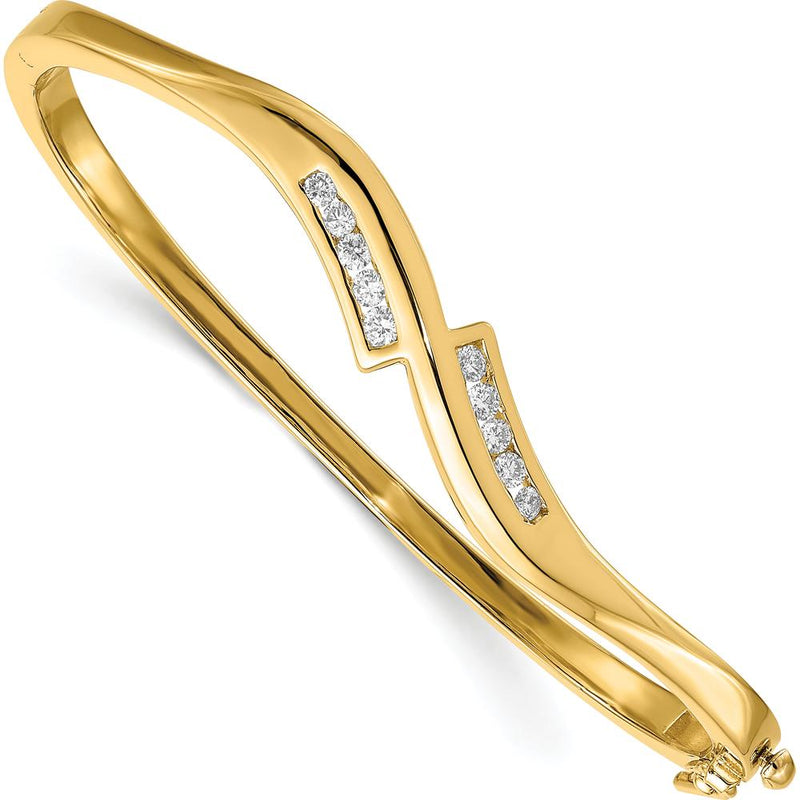 14K Yellow Gold 7-Inch Hinged Oval Bangle Bracelet with Channel-Set Ro ...