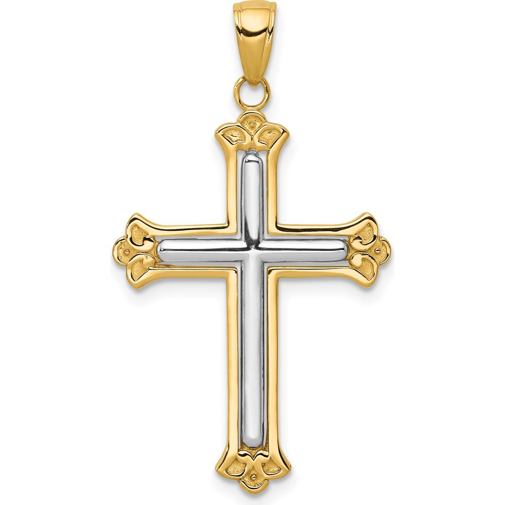 14K Yellow Gold and White Rhodium Budded Cross Frame Pendant - 39mm Le ...