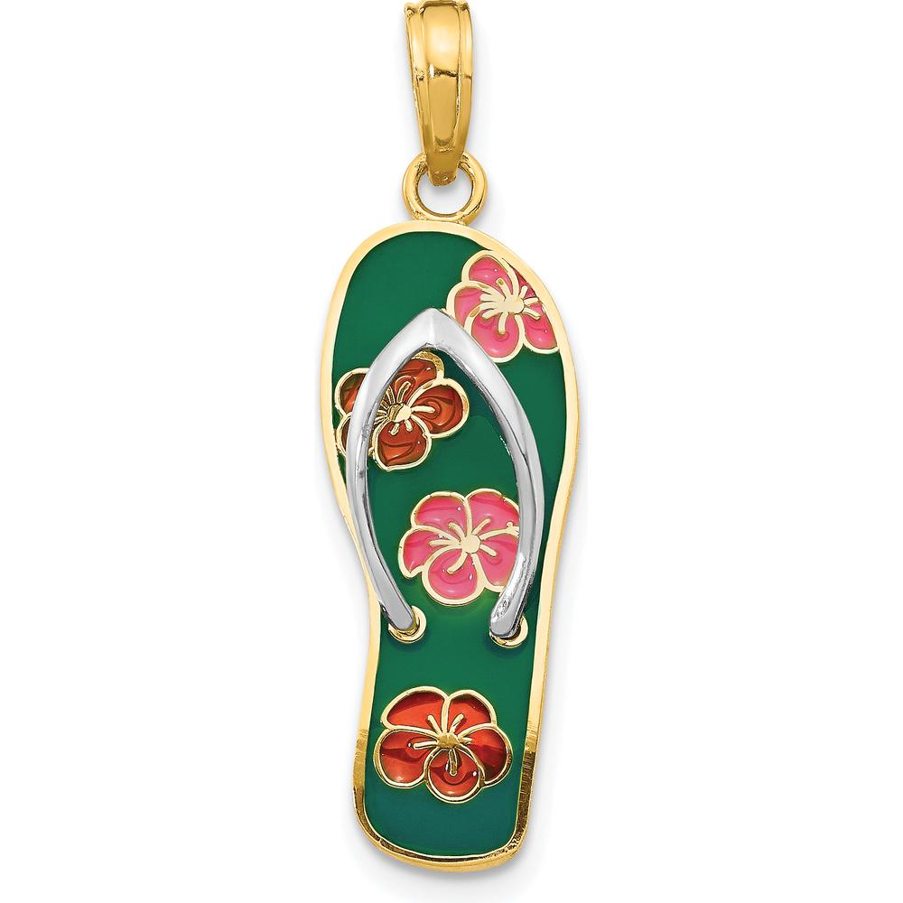 14K Yellow Gold and White Rhodium Enameled Flip Flop Pendant with Flor ...