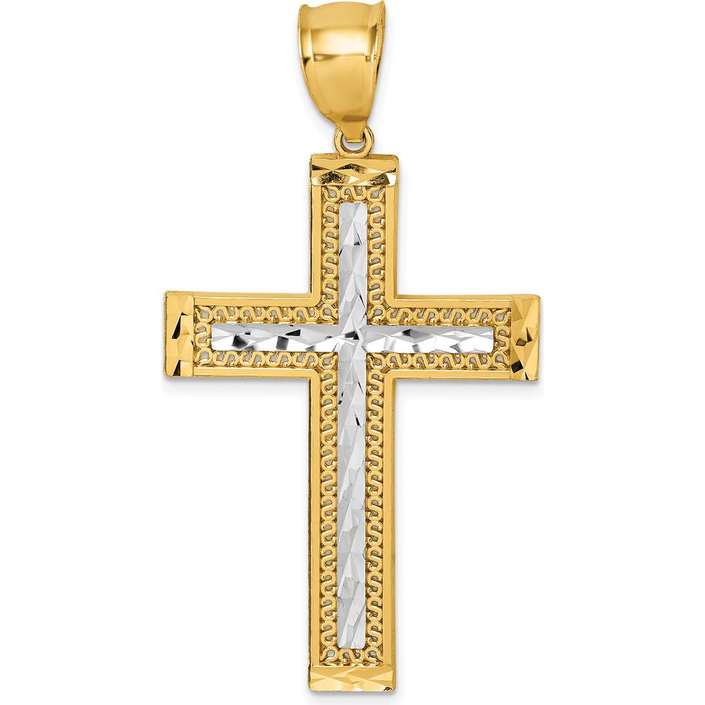 14K Yellow Gold and White Rhodium Polished Diamond-cut Textured Fancy ...