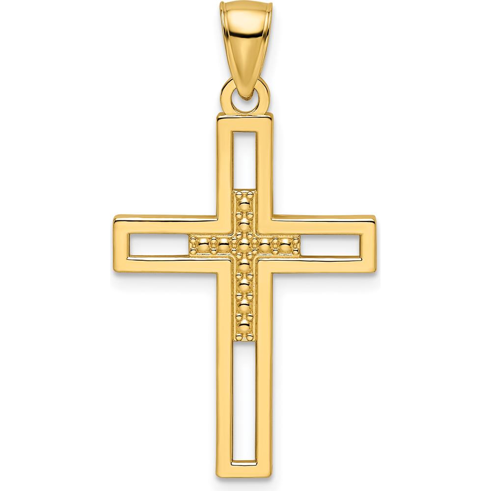14K Yellow Gold Beaded Polished Double Cross Pendant with Textured Bac ...
