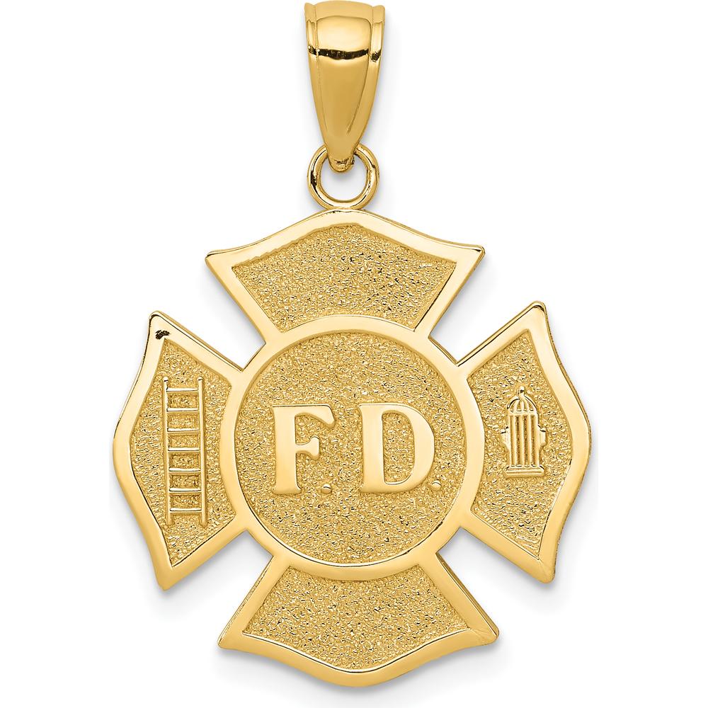 14K Yellow Gold Fire Department FD Badge Pendant with Textured Detaili ...