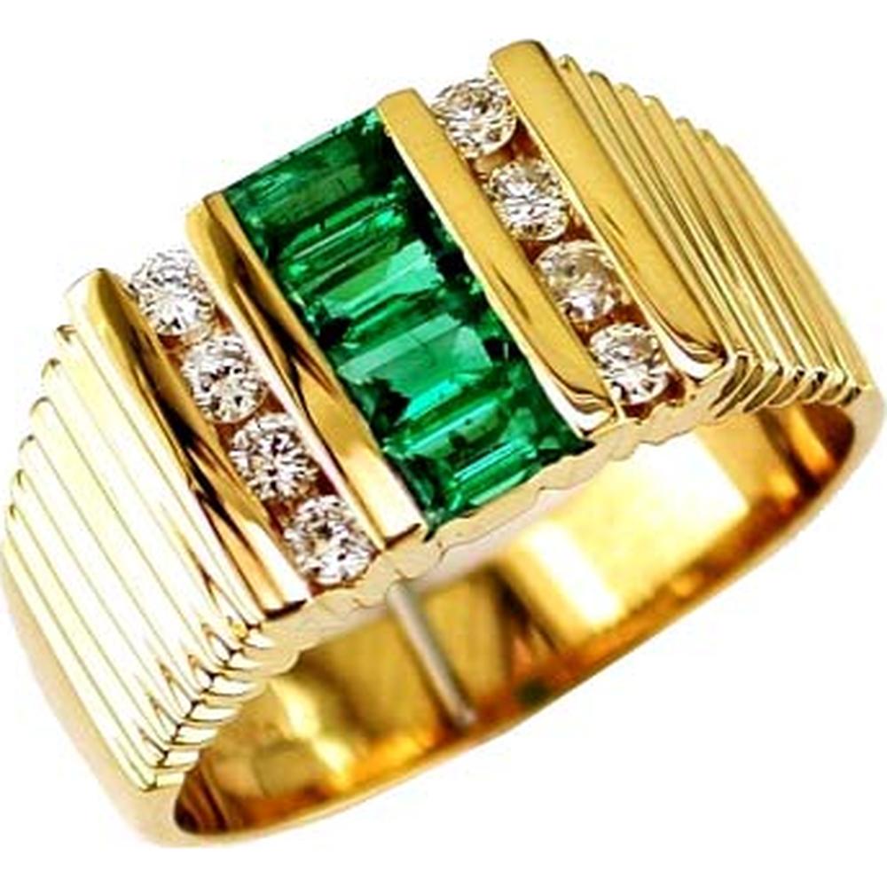 14K Yellow Gold Men's Diamond & Emerald Ring with Baguette Emeralds an ...