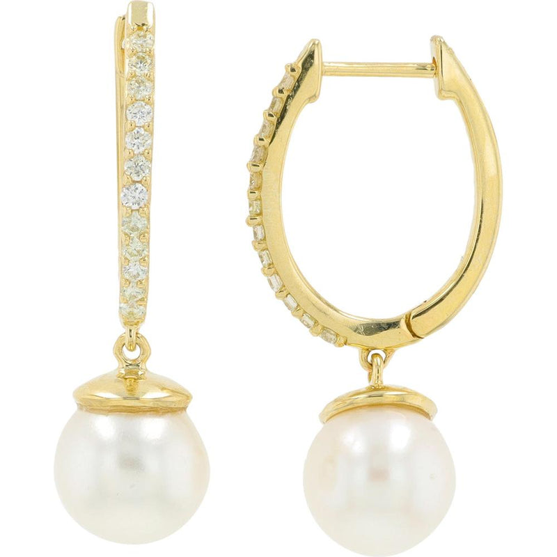 14K Yellow Gold Pearl Drop Earrings with 0.18 Carat Total Diamond Acce ...