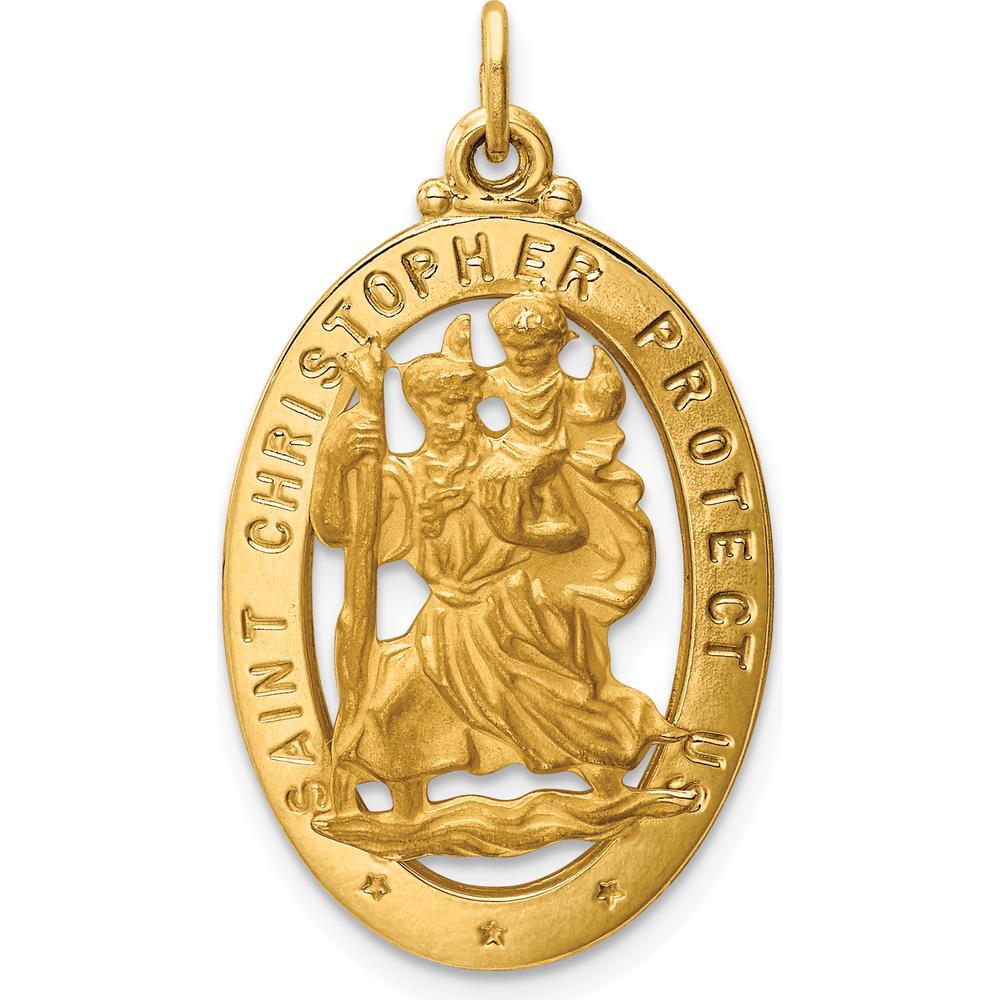 14K Yellow Gold Polished and Satin Saint Christopher Medal Oval Pendan ...