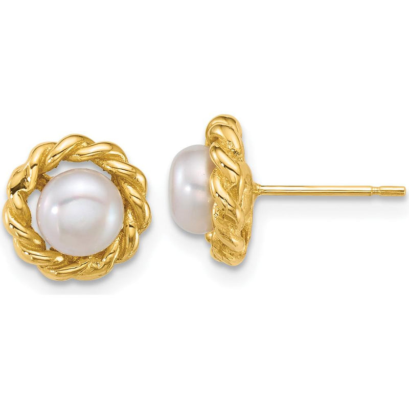 14K Yellow Gold Polished Button Freshwater Pearl Twisted Edge Post Ear ...