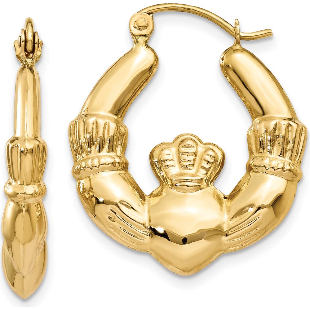 14K Yellow Gold Polished Claddagh Hoop Earrings - 10mm Length, 3mm Wid ...