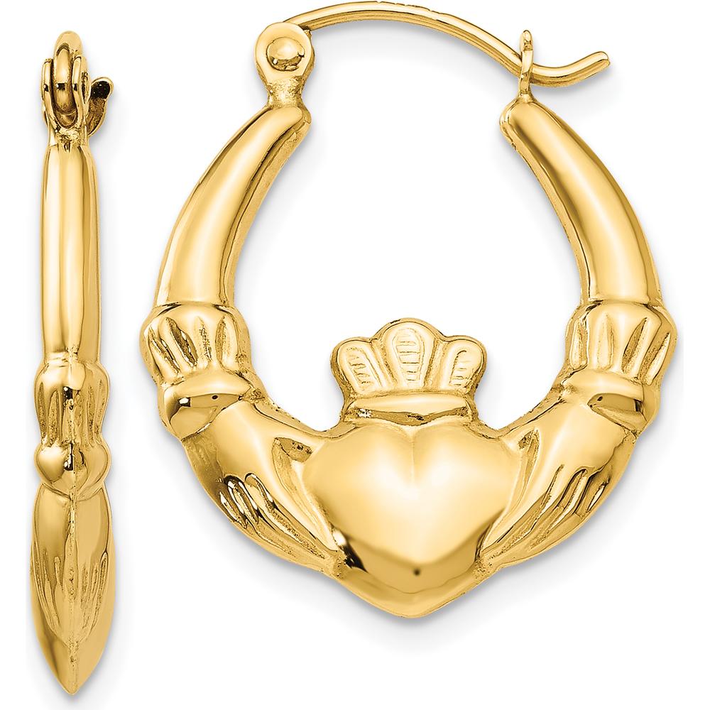 14K Yellow Gold Polished Claddagh Hoop Earrings - Classic Design and S ...