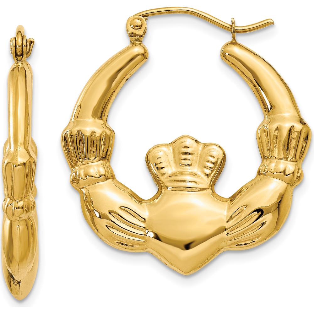 14K Yellow Gold Polished Claddagh Hoop Earrings with Heart and Crown D ...