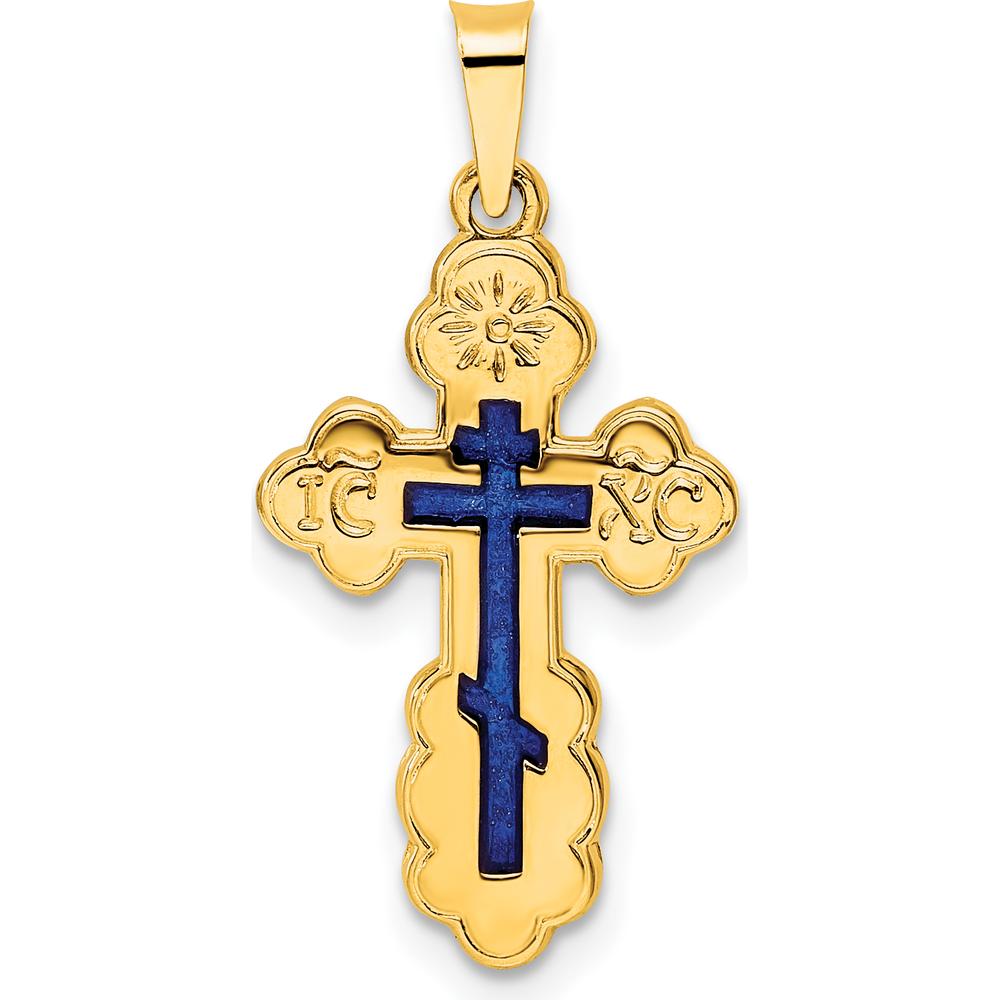 14K Yellow Gold Polished Eastern Orthodox Blue Enamel Solid Cross Pend ...