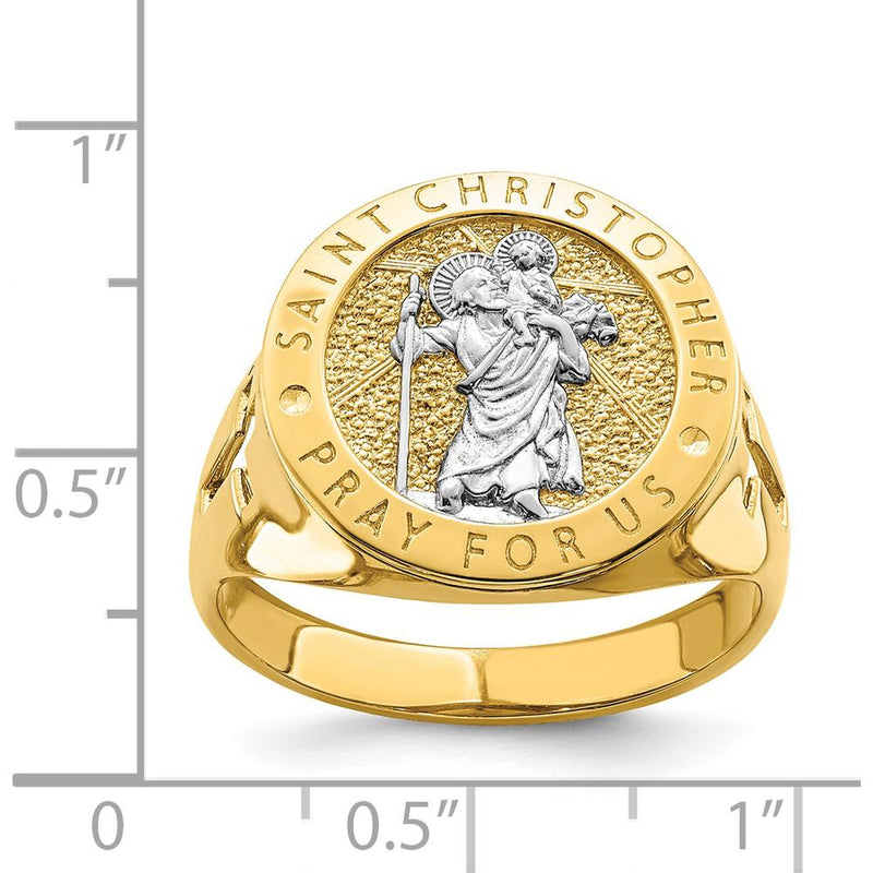 14K Yellow Gold Saint Christopher Themed Ring with Rhodium Plating - S ...