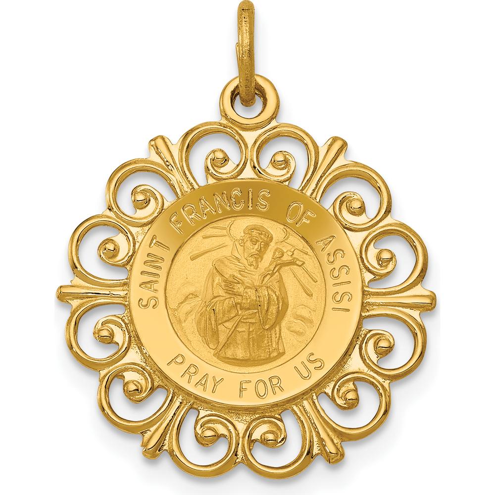 14K Yellow Gold Saint Francis of Assisi Polished and Satin Scalloped E ...