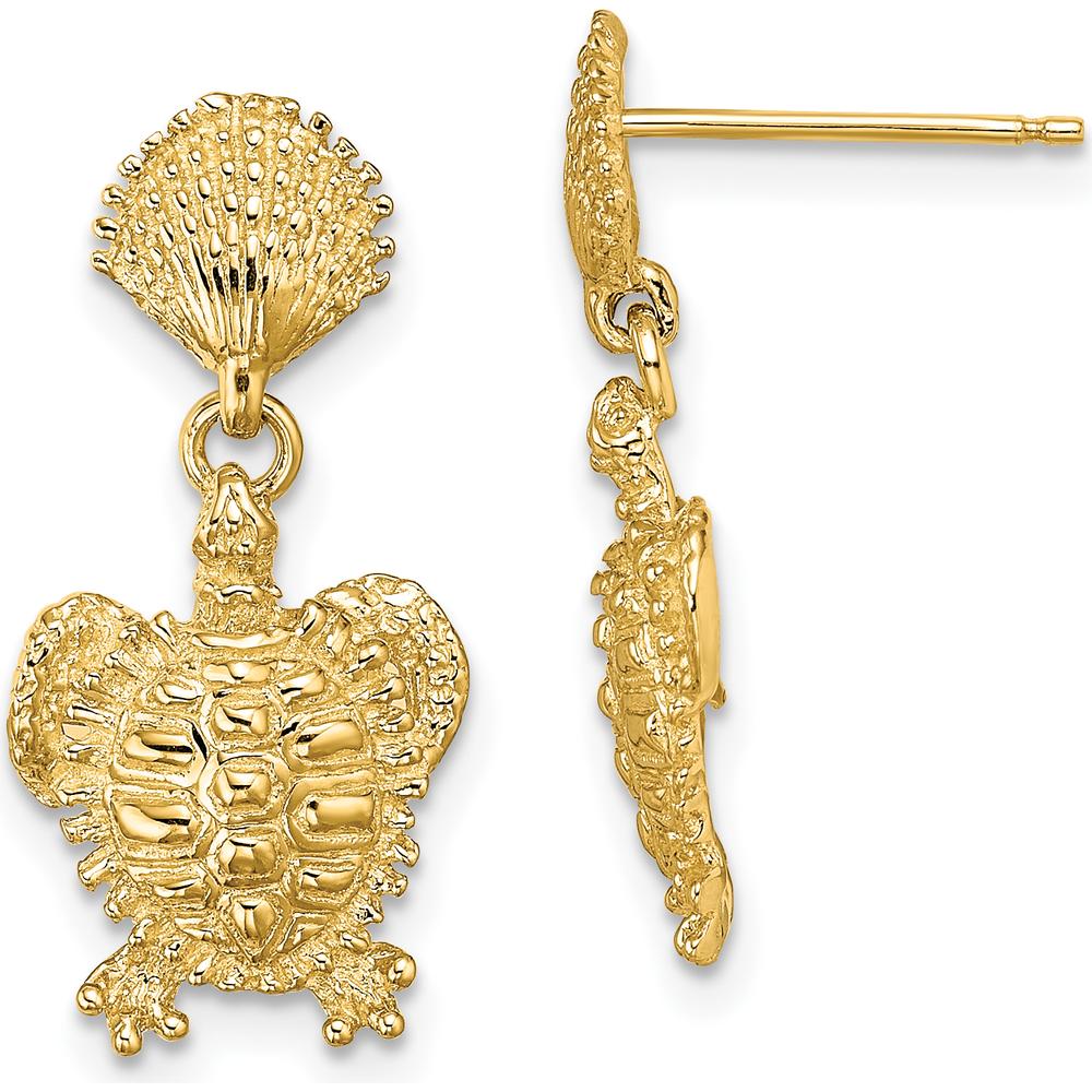 14K Yellow Gold Turtle and Shell Post Dangle Earrings - 22.85mm Length ...