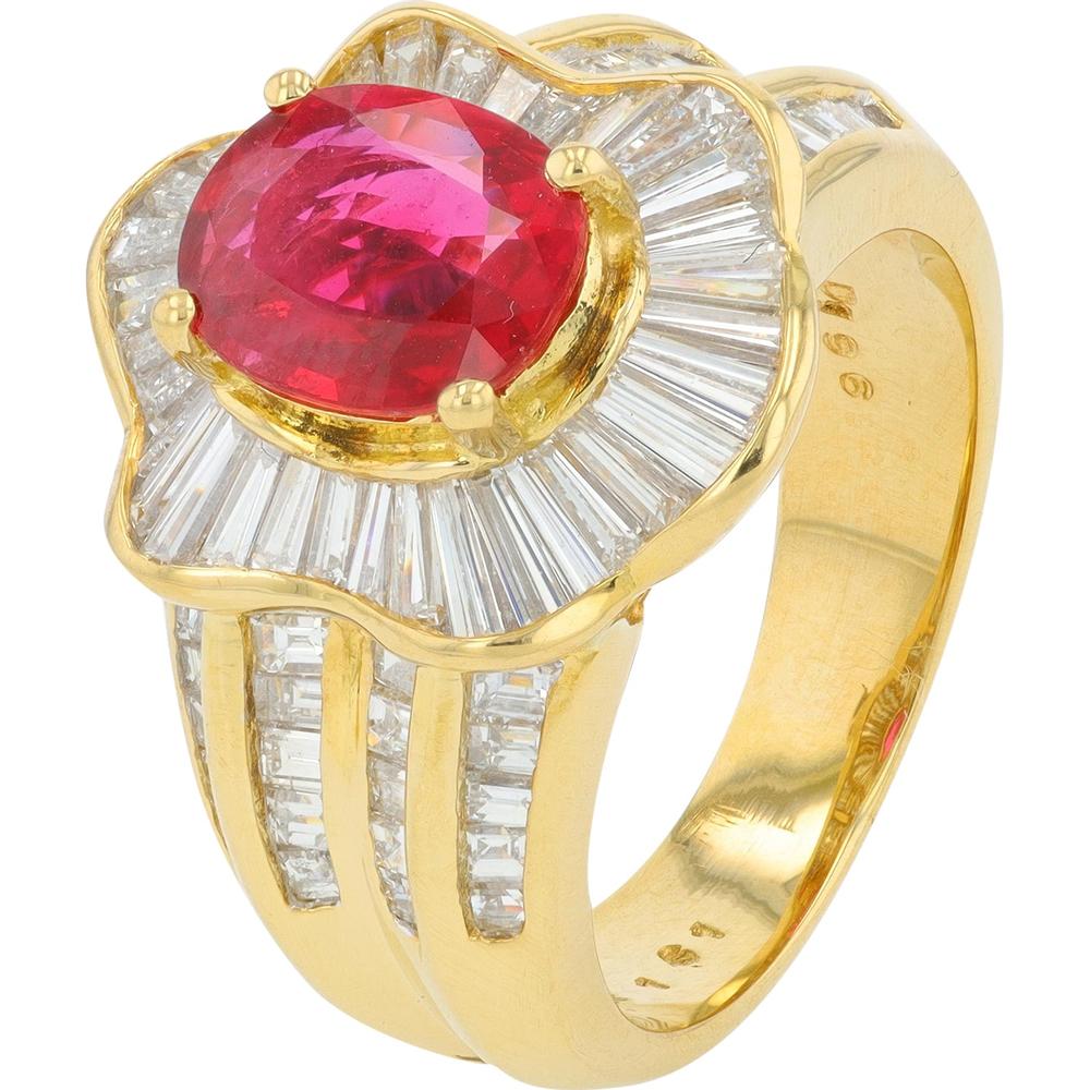 18K Yellow Gold 1.61 Carat Thai Ruby Ring with 1.96 Carat Baguette Dia ...