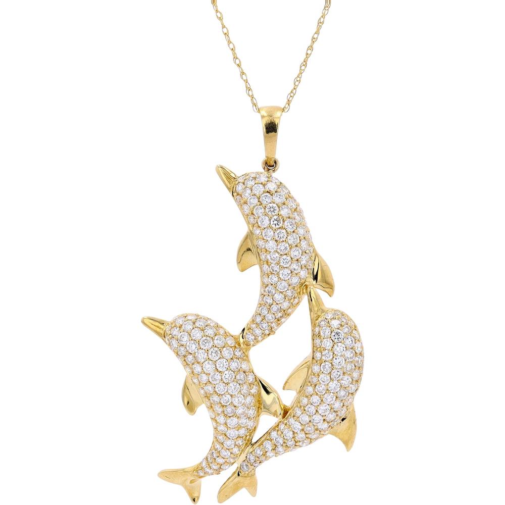 18K Yellow Gold Diamond Dolphin Pendant - 2.71 Carat Total Diamond Wei ...