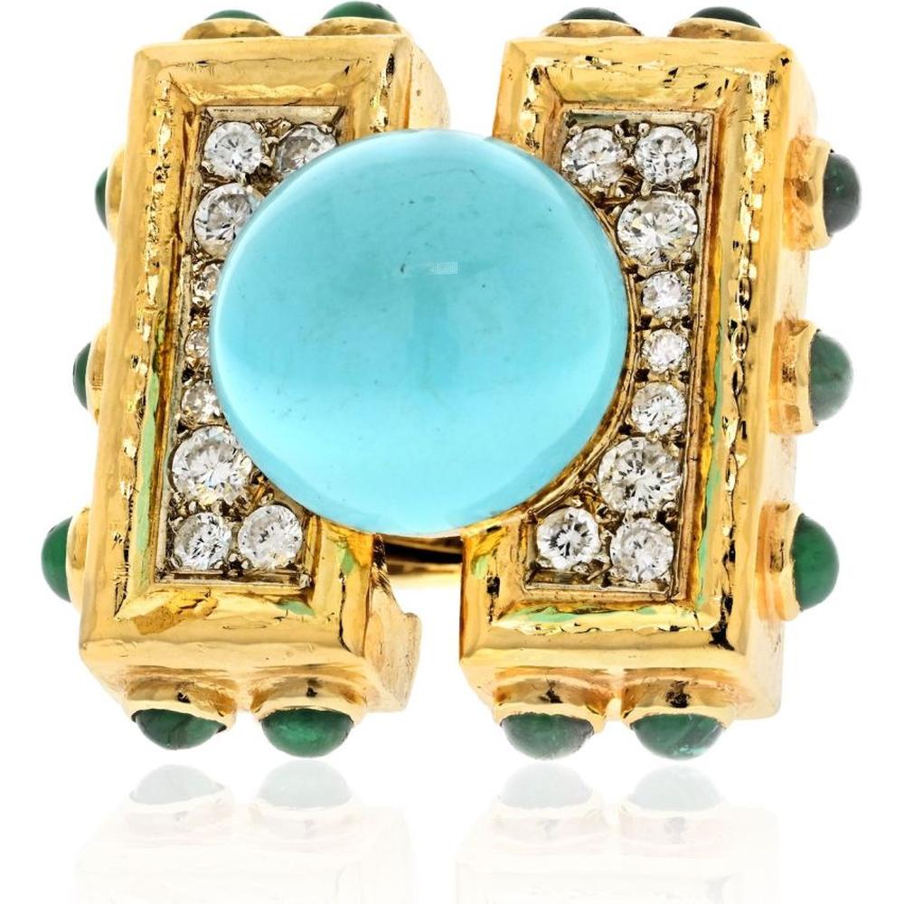 David Webb Turquoise Diamond Emerald Oversized Ring - Platinum & 18K Y ...