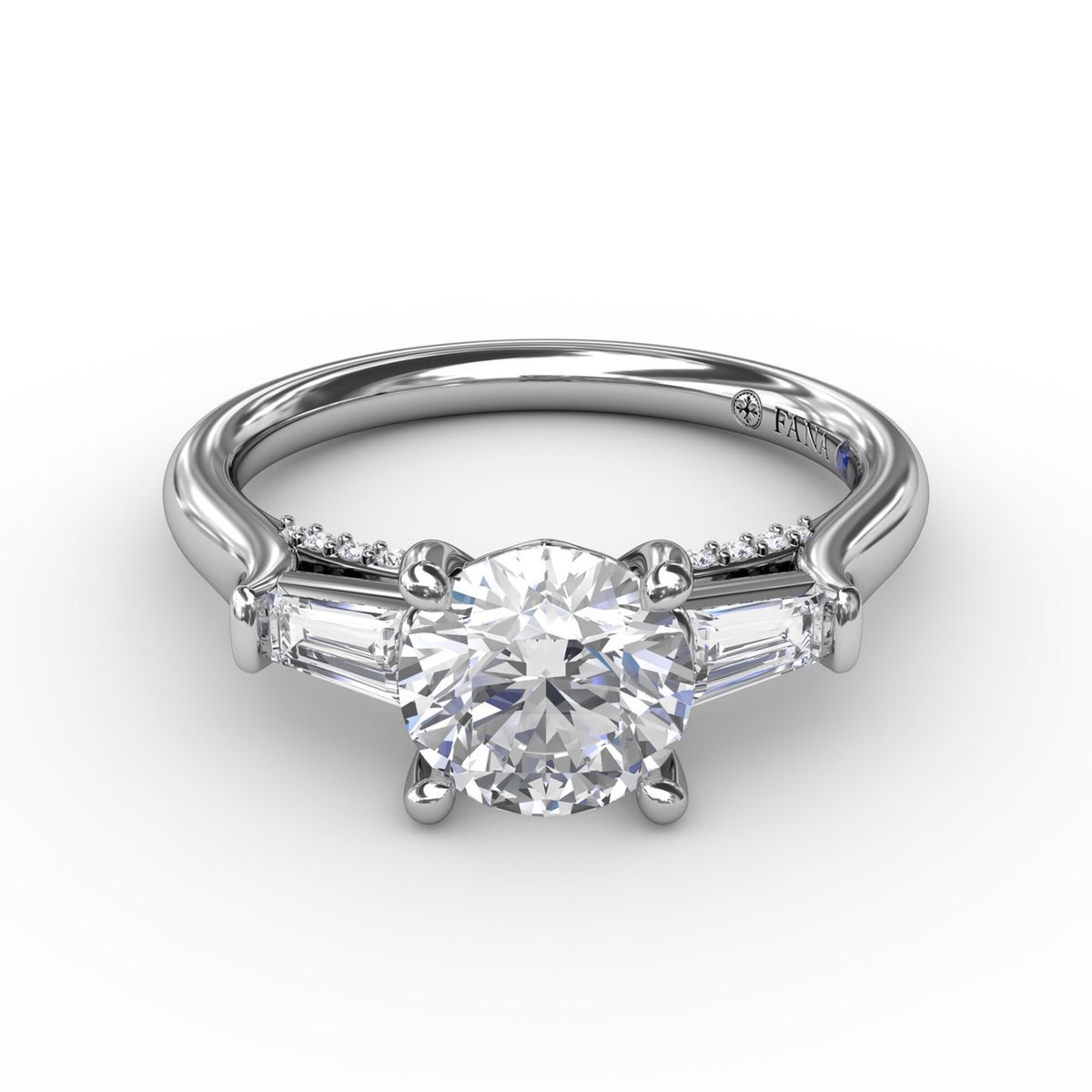 Fana - Three-Stone Round Diamond Engagement Ring With Bezel-Set Baguet ...