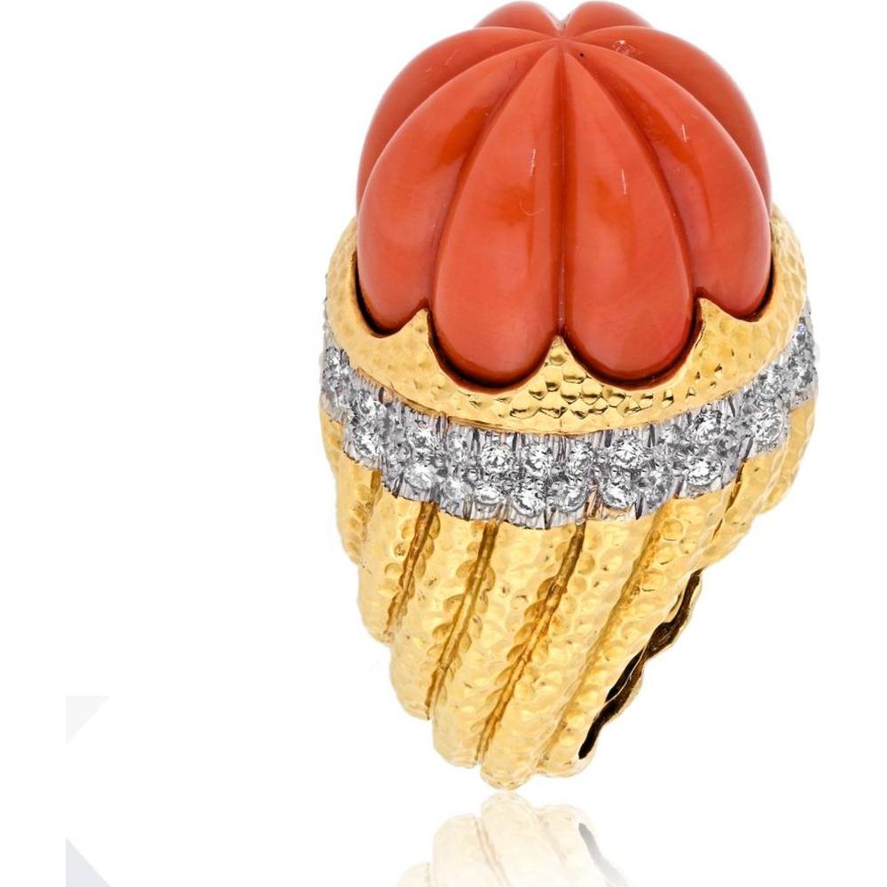 Luxe David Webb Carved Coral Diamond Rim Ring - Platinum & 18K Yellow ...