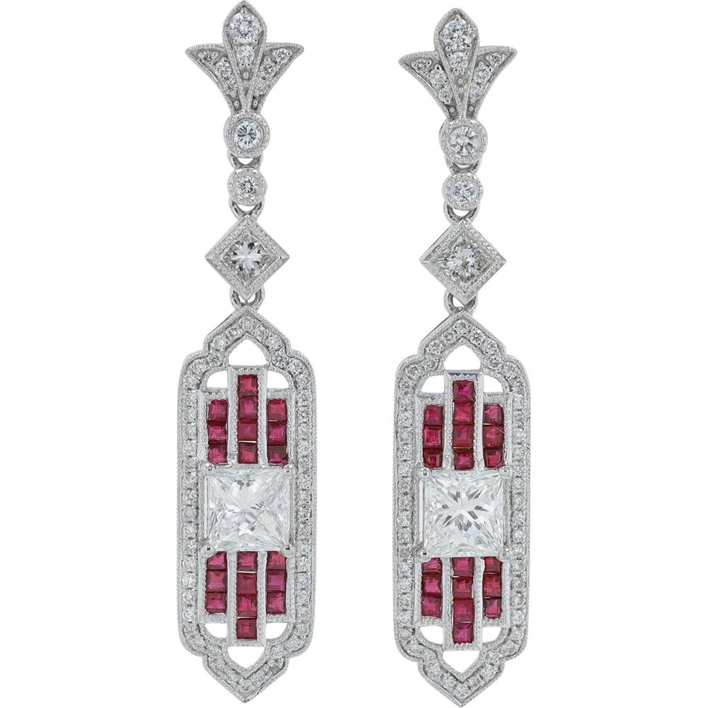 Platinum 0.91 Carat Ruby and Princess Cut Diamond Earrings - 2.17 Cara ...