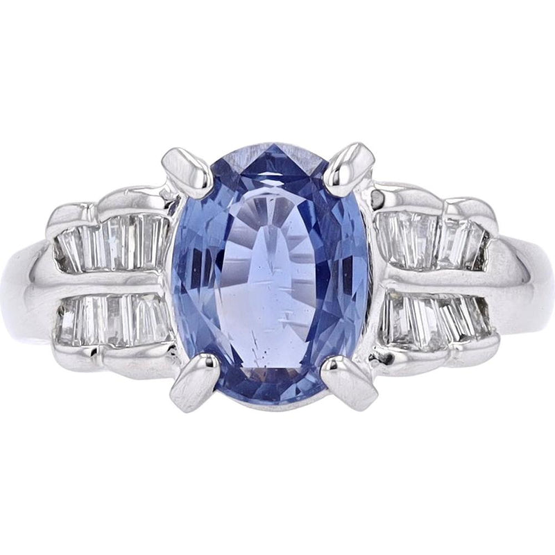 Platinum 2.28 Carat Sri Lanka No Heat Sapphire Ring with Baguette Diam ...