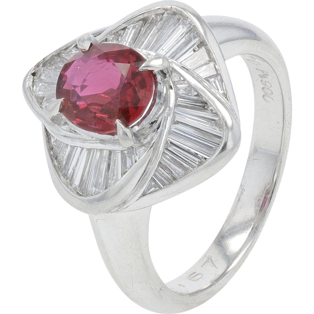 Platinum 900 1.20 Carat Ruby and Diamond Ring - 0.67 Carat Total Diamo ...