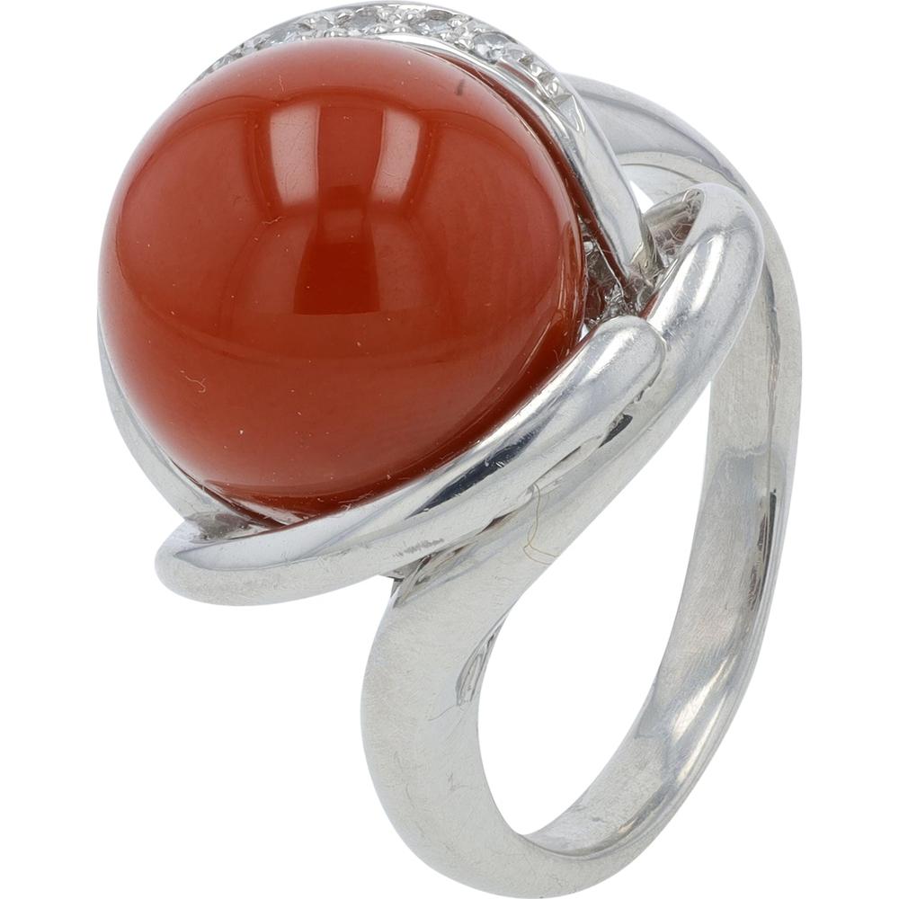 Platinum 900 Ring with 12.3mm Coral Center and 0.06 Carat Diamond Acce ...