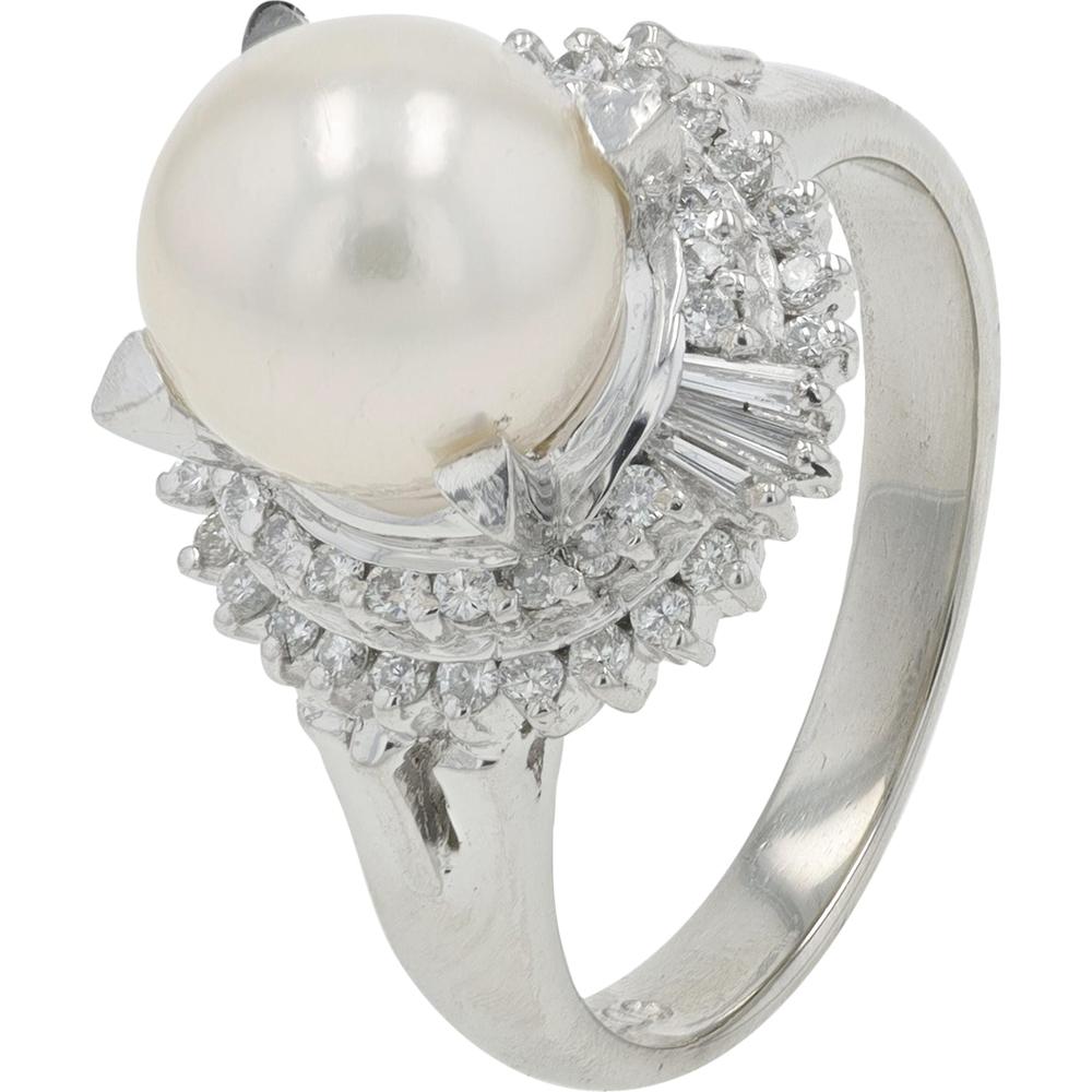 Platinum 900 Ring with 8.5mm Pearl and 0.36 Carat Total Diamond Halo ...
