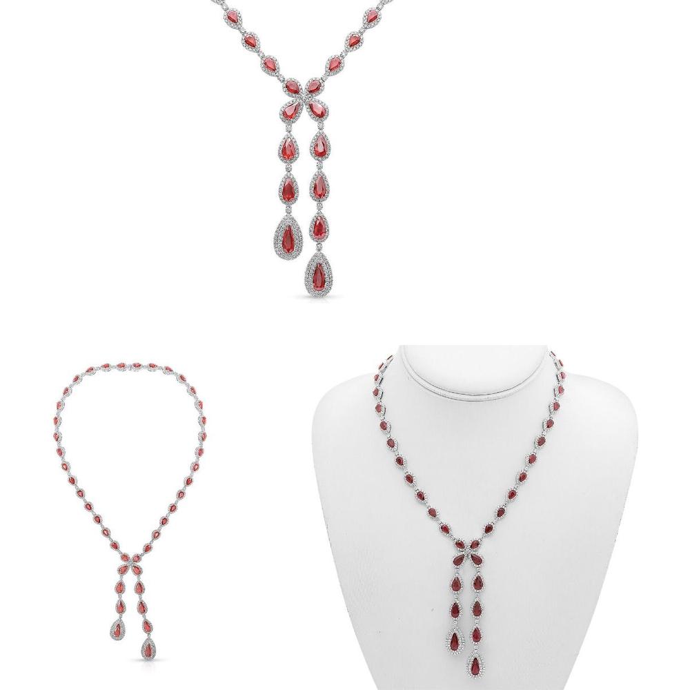 Roman & Jules - 18K White Gold Double-Halo Pear-Shaped Ruby Necklace w ...