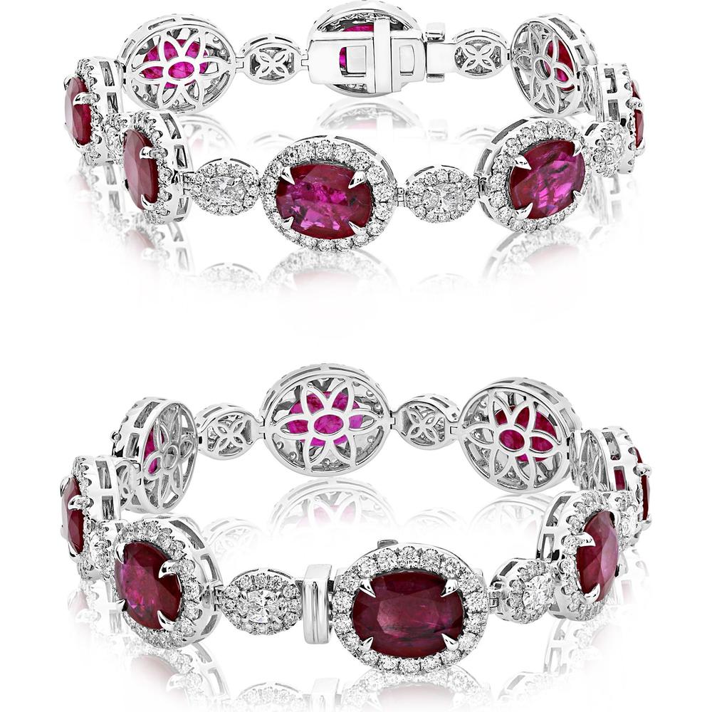 Roman & Jules - 18K White Gold Oval Ruby Bracelet with Halo Set Round ...