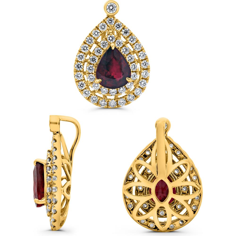 Roman & Jules - 18K Yellow Gold Pear Shape Ruby Earrings with Diamond ...