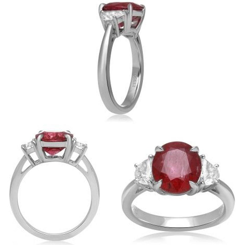 Roman & Jules - Platinum Three-Stone Ring with GIA-Certified Oval Ruby ...